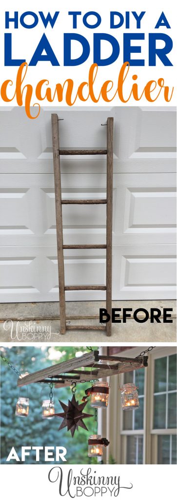 How to turn an old ladder into a cool patio chandelier with mason jar ...
